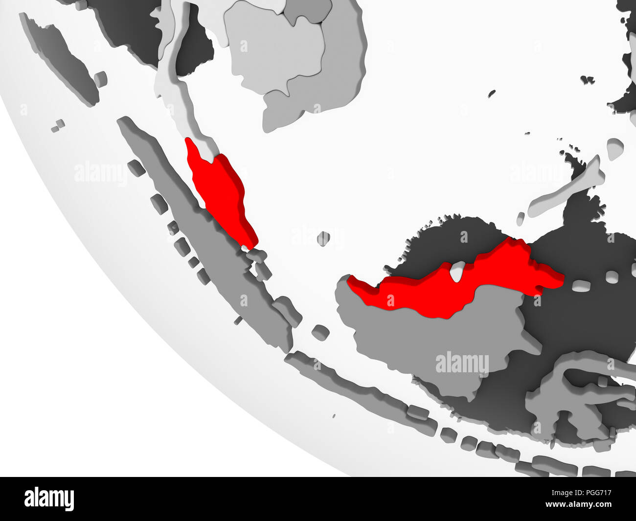 Malaysia in red on simple grey political globe with visible country ...