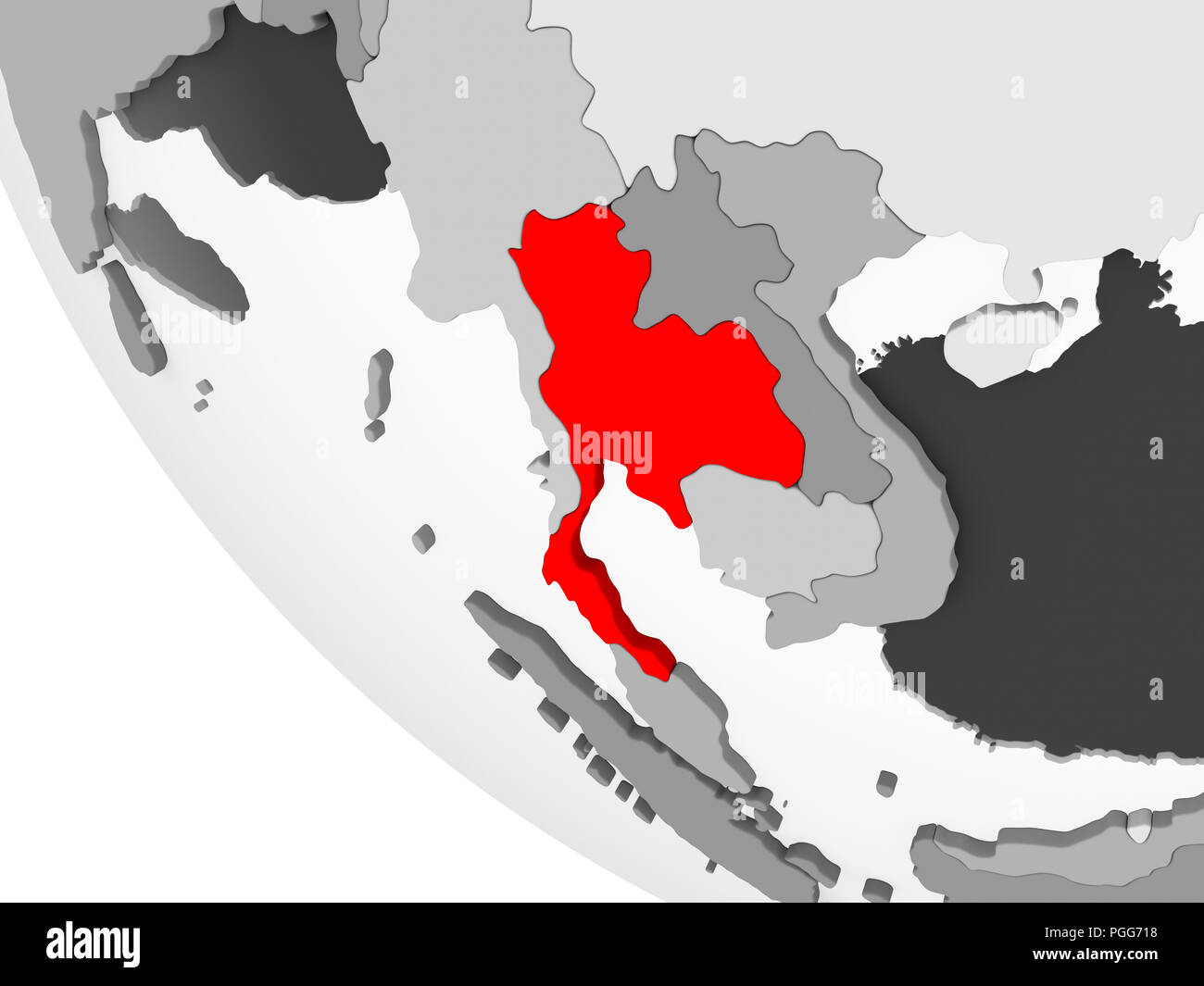Thailand in red on simple grey political globe with visible country ...