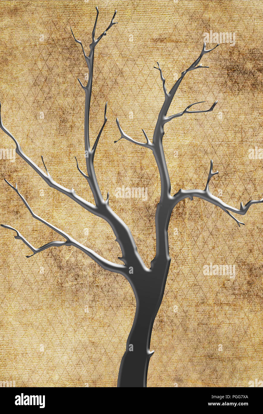 Abstract spindly tree in silver metallic against a brown textured ...