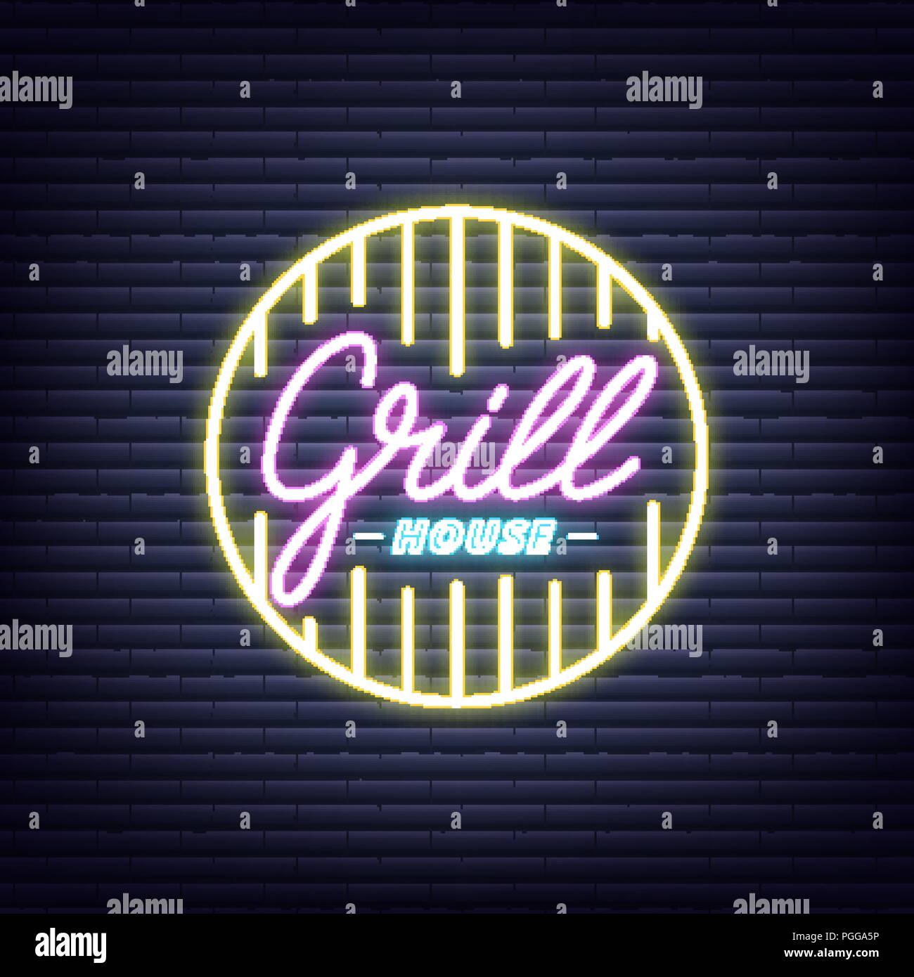 Grill house. Grill house neon sign. Neon glowing signboard banner ...