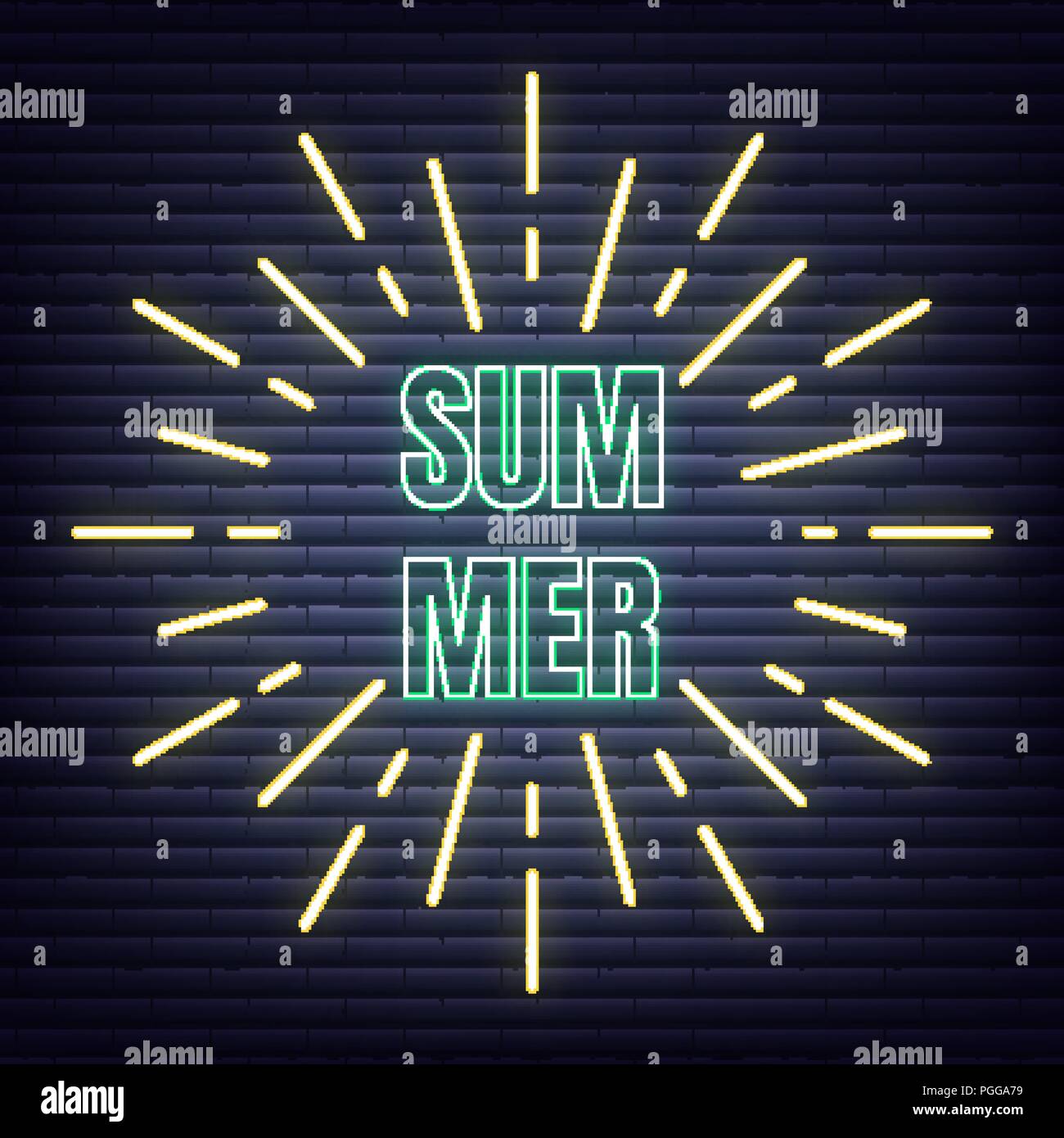 Summer neon banner. Glowing sign of Summer typography and sun rays ...