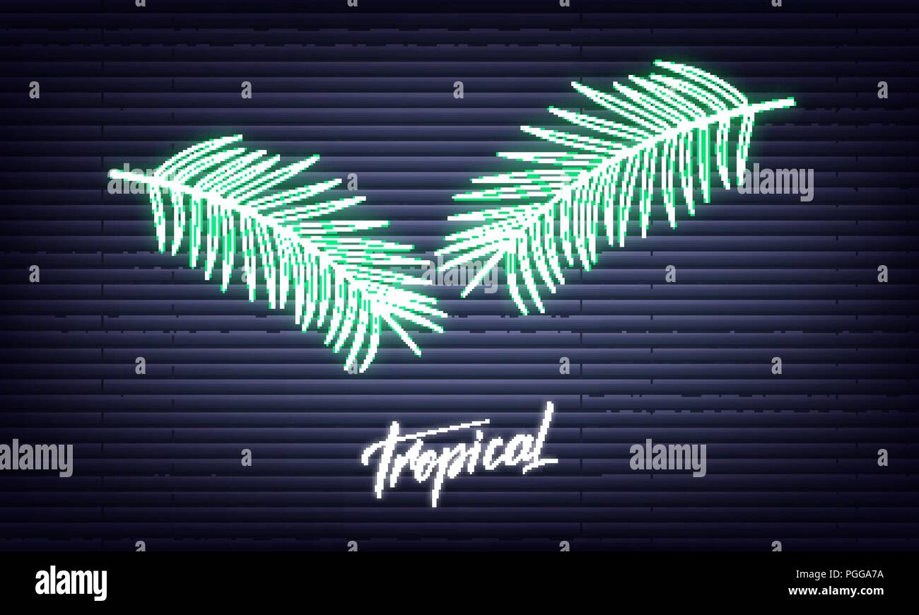 Tropical neon palm leaves. Glowing sign of coconut palm exotic leaves ...