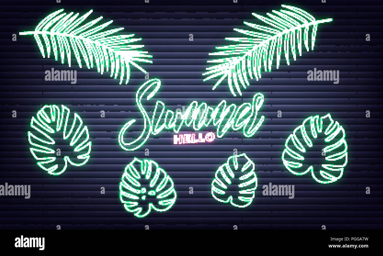 Summer neon set. Summer lettering and neon glowing tropical leaves set ...