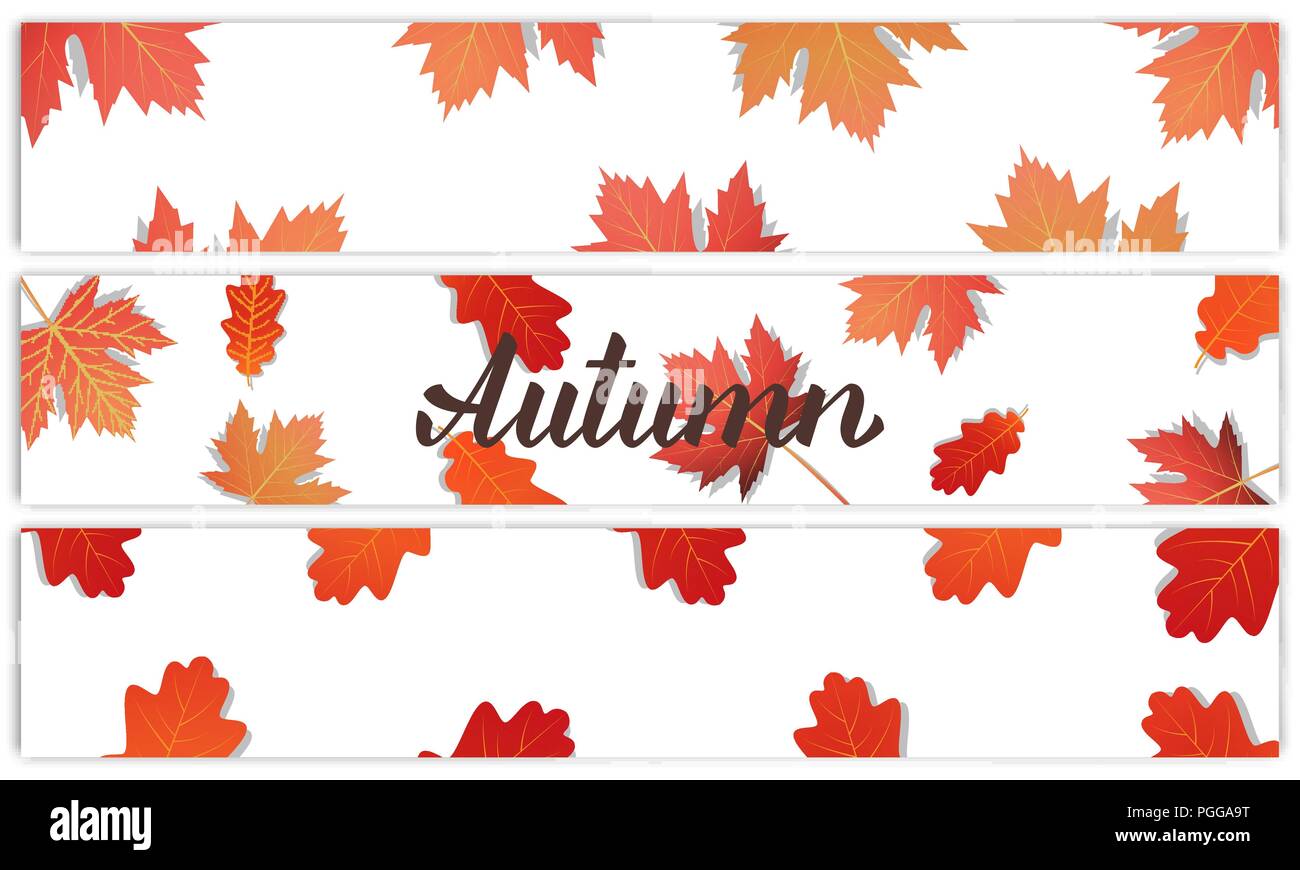 Autumn. Banners with Autumn lettering, oak and maple leaves. Three ...