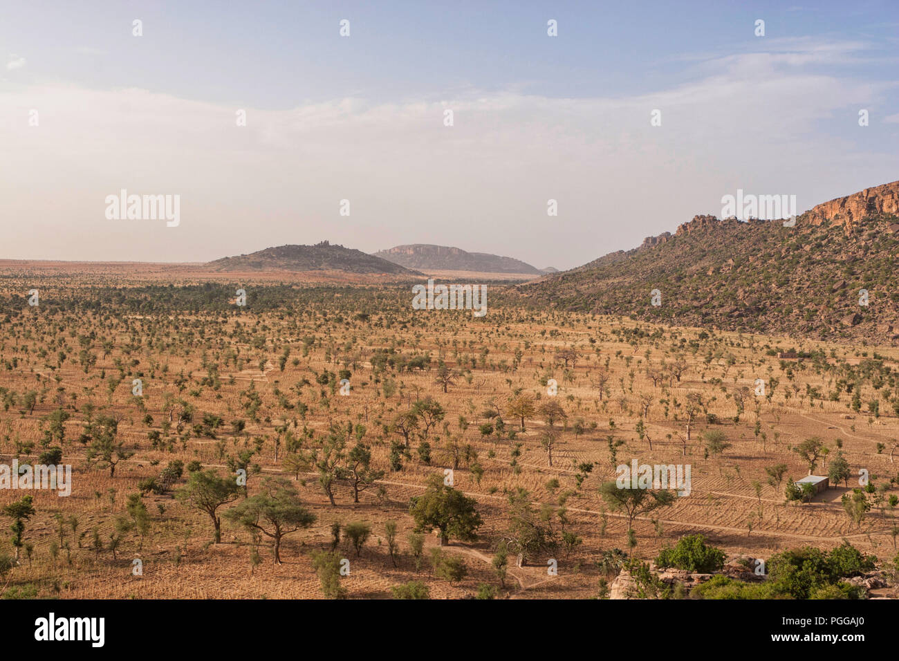 Sahel landscape seen trom the Bandiagara Escarpment in Dogon country ...