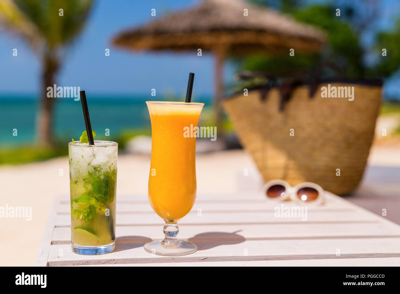 Exotic cocktails on tropical beach at luxury vacation resort Stock ...