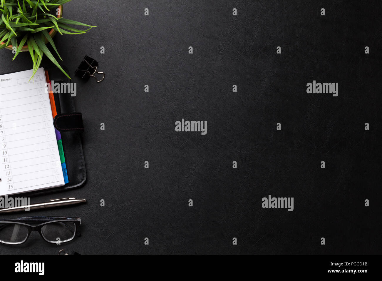 Office workplace table with supplies. Flat lay. Top view with space for ...