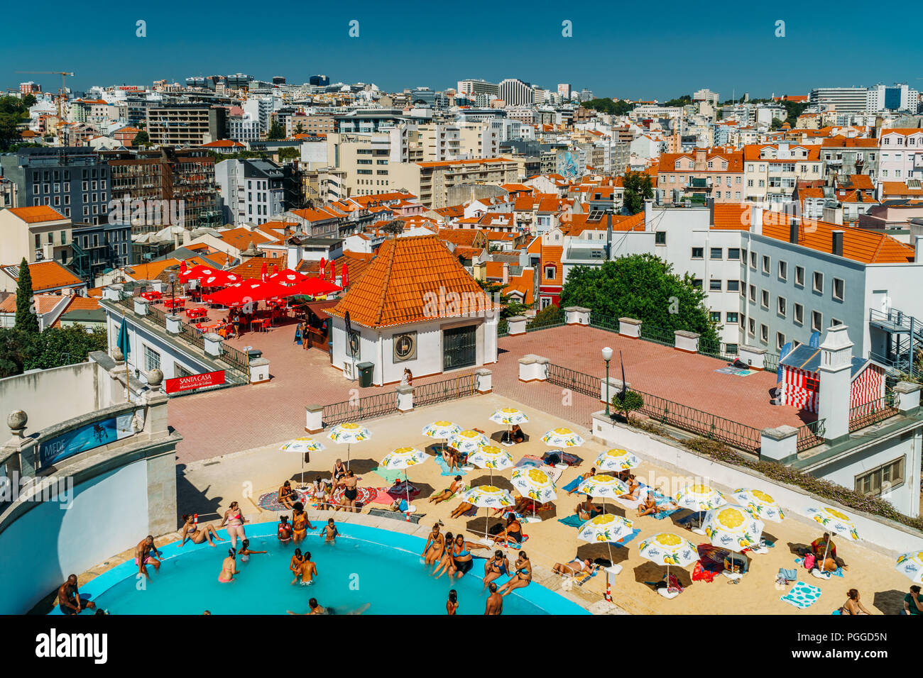 LISBON, PORTUGAL - AUGUST 20, 2017: People Having Fun In Pool On Top Of ...