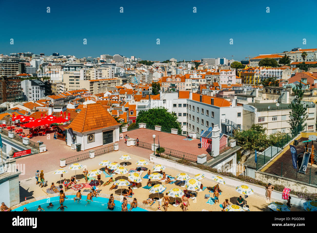 LISBON, PORTUGAL - AUGUST 20, 2017: People Having Fun In Pool On Top Of ...