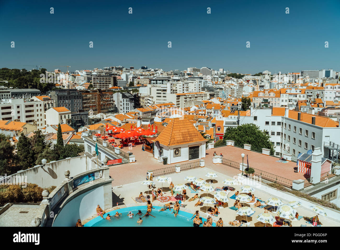 LISBON, PORTUGAL - AUGUST 20, 2017: People Having Fun In Pool On Top Of ...