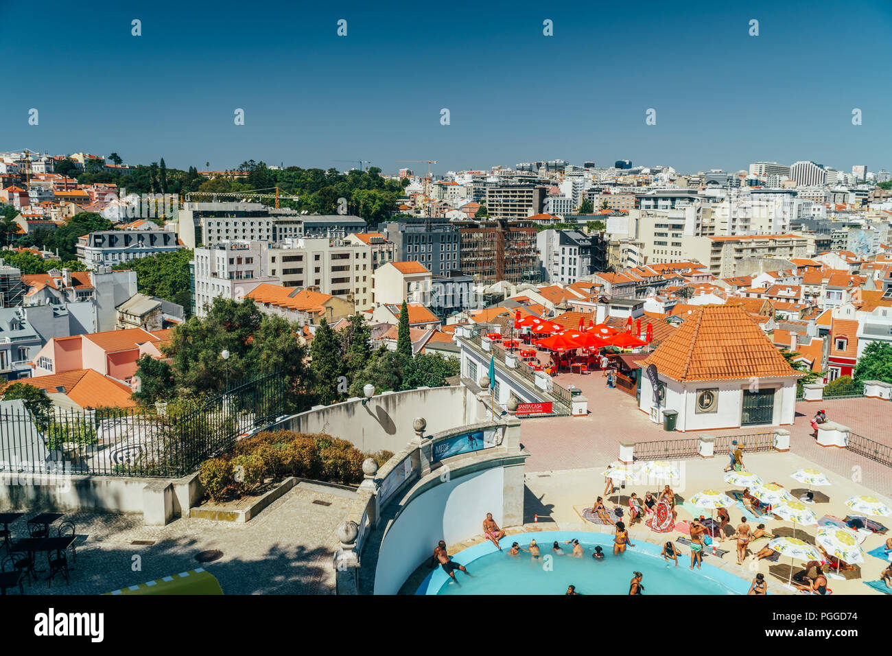 LISBON, PORTUGAL - AUGUST 20, 2017: People Having Fun In Pool On Top Of ...