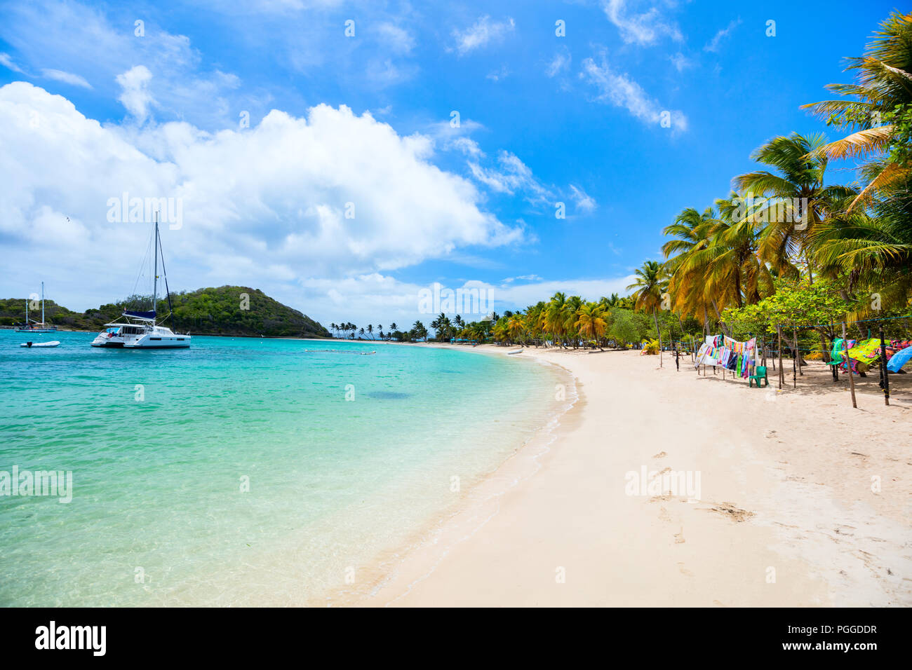 Idyllic tropical beach with white sand, palm trees and turquoise ...