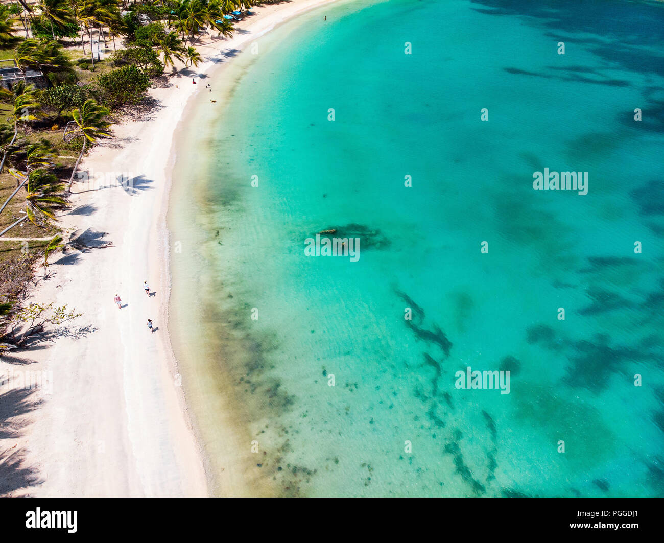 Aerial drone view of tropical island of Mayreau, turquoise Caribbean ...