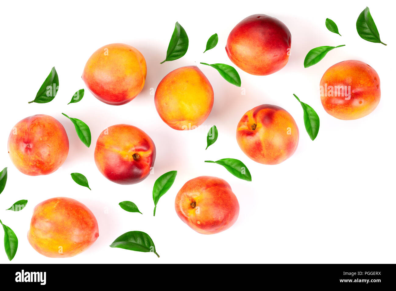 ripe nectarine with leaves isolated on white background with copy space ...