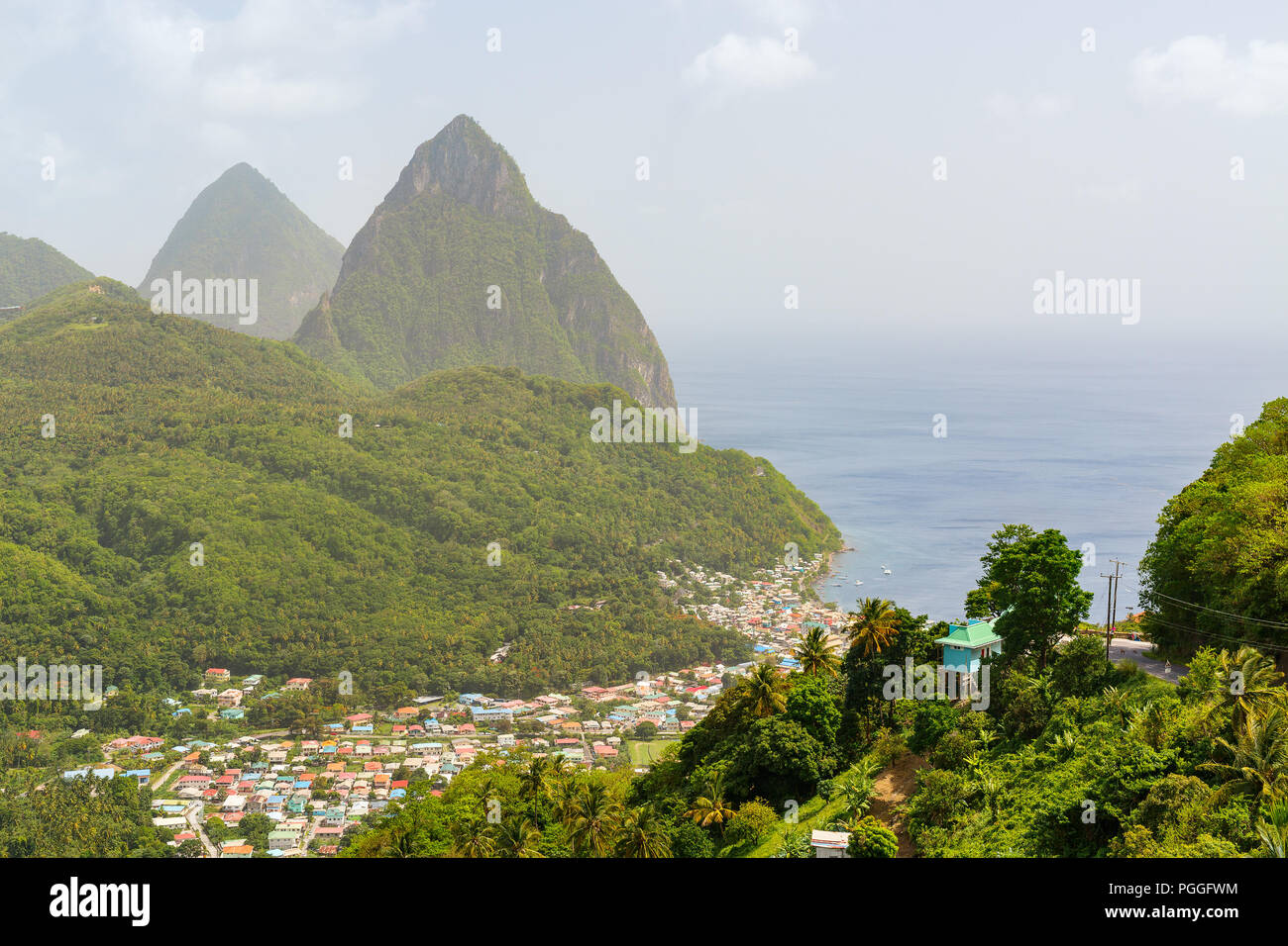 Iconic view of Piton mountains near small town of Soufriere on St Lucia ...