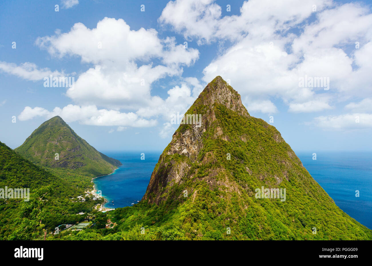 Iconic view of Piton mountains on St Lucia island in Caribbean Stock ...