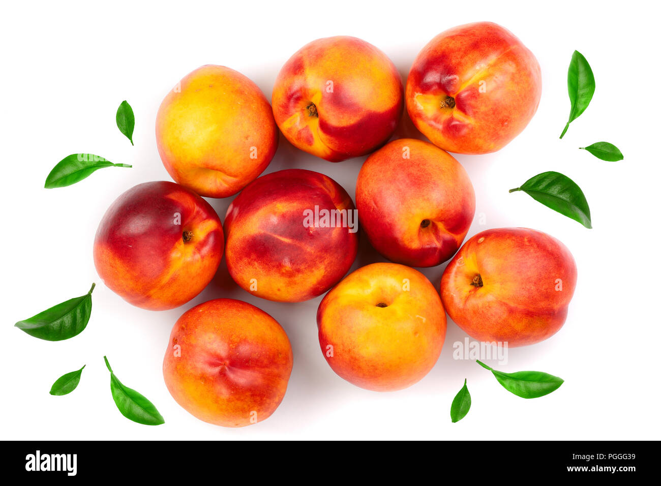 ripe nectarine with leaves isolated on white background. Top view. Flat ...