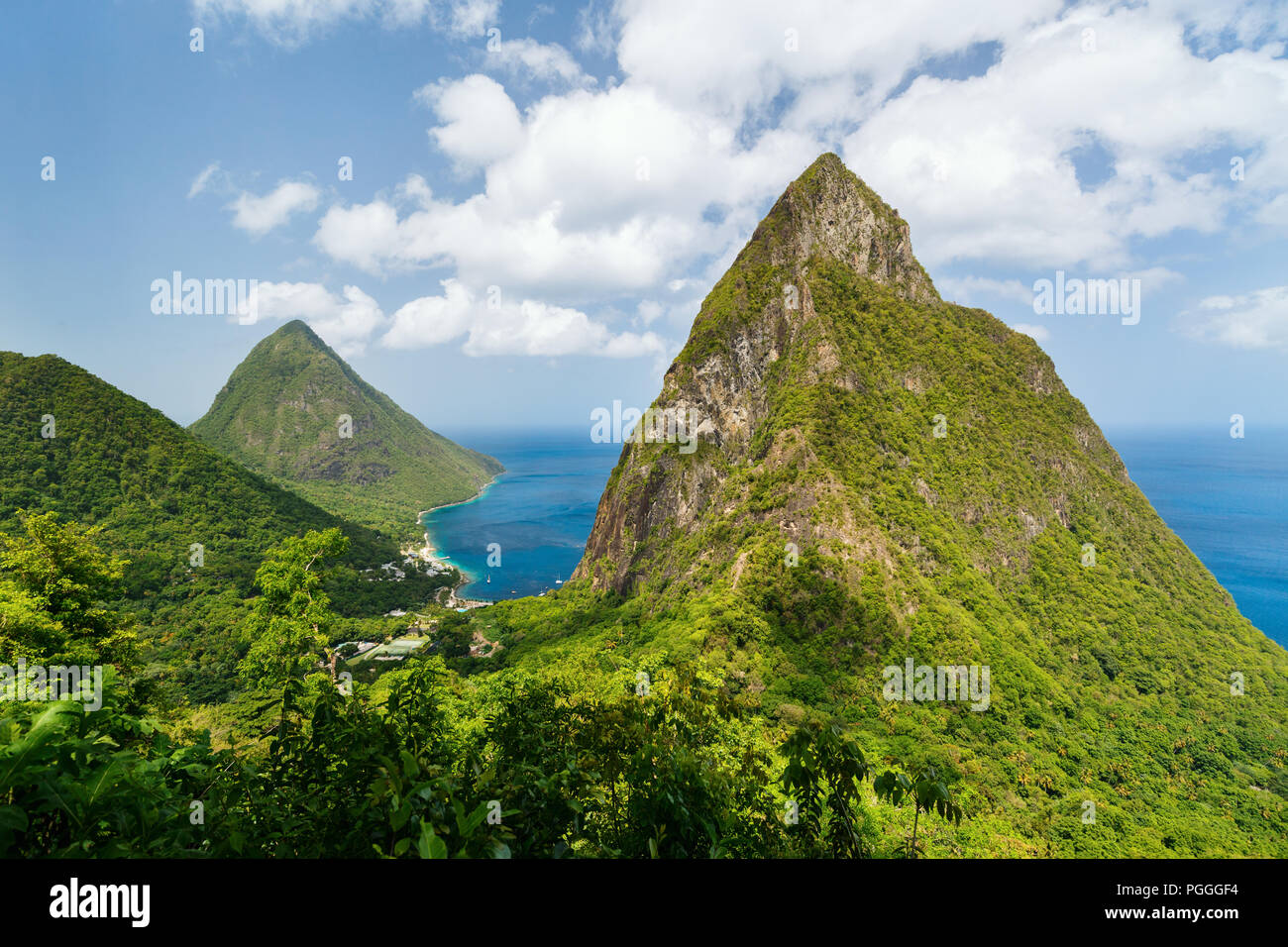 Iconic view of Piton mountains on St Lucia island in Caribbean Stock ...
