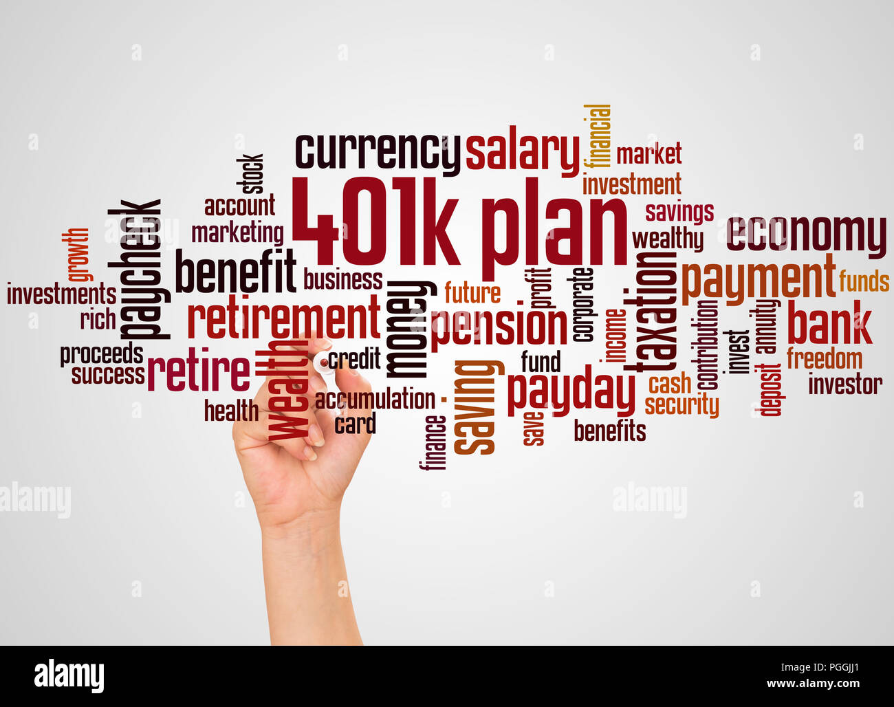401k plan word cloud and hand with marker concept on gradient ...