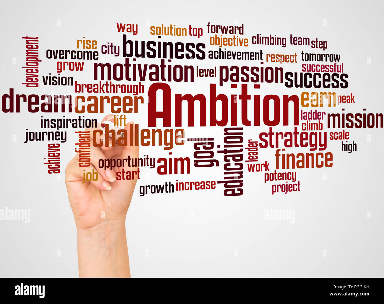 Ambition word cloud and hand with marker concept on gradient background ...