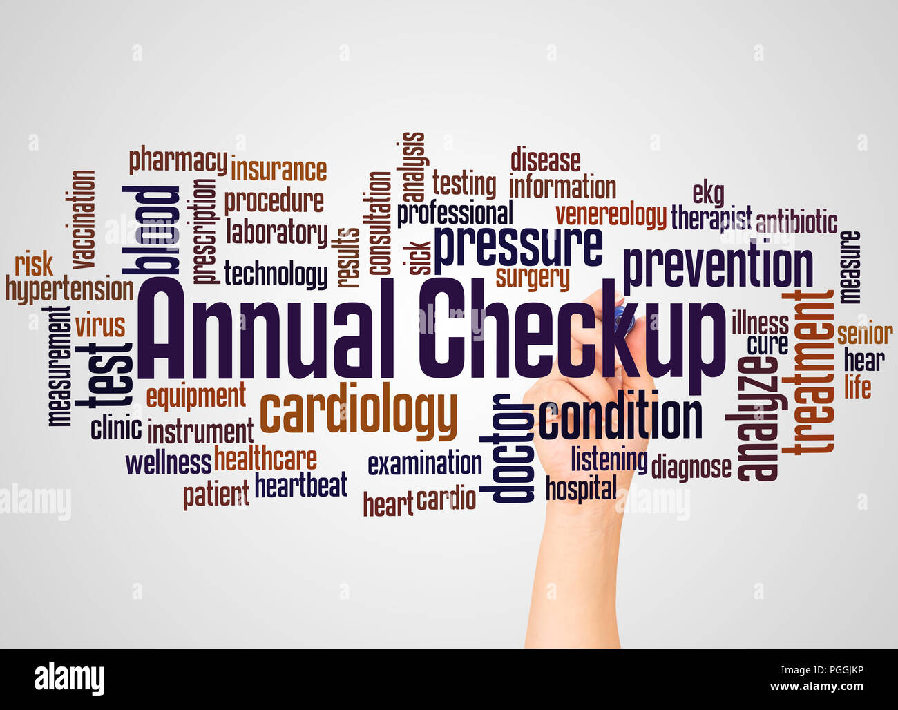 Annual checkup word cloud and hand with marker concept on white ...