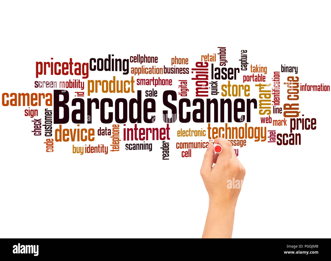 Barcode scanner word cloud and hand writing concept on white background ...