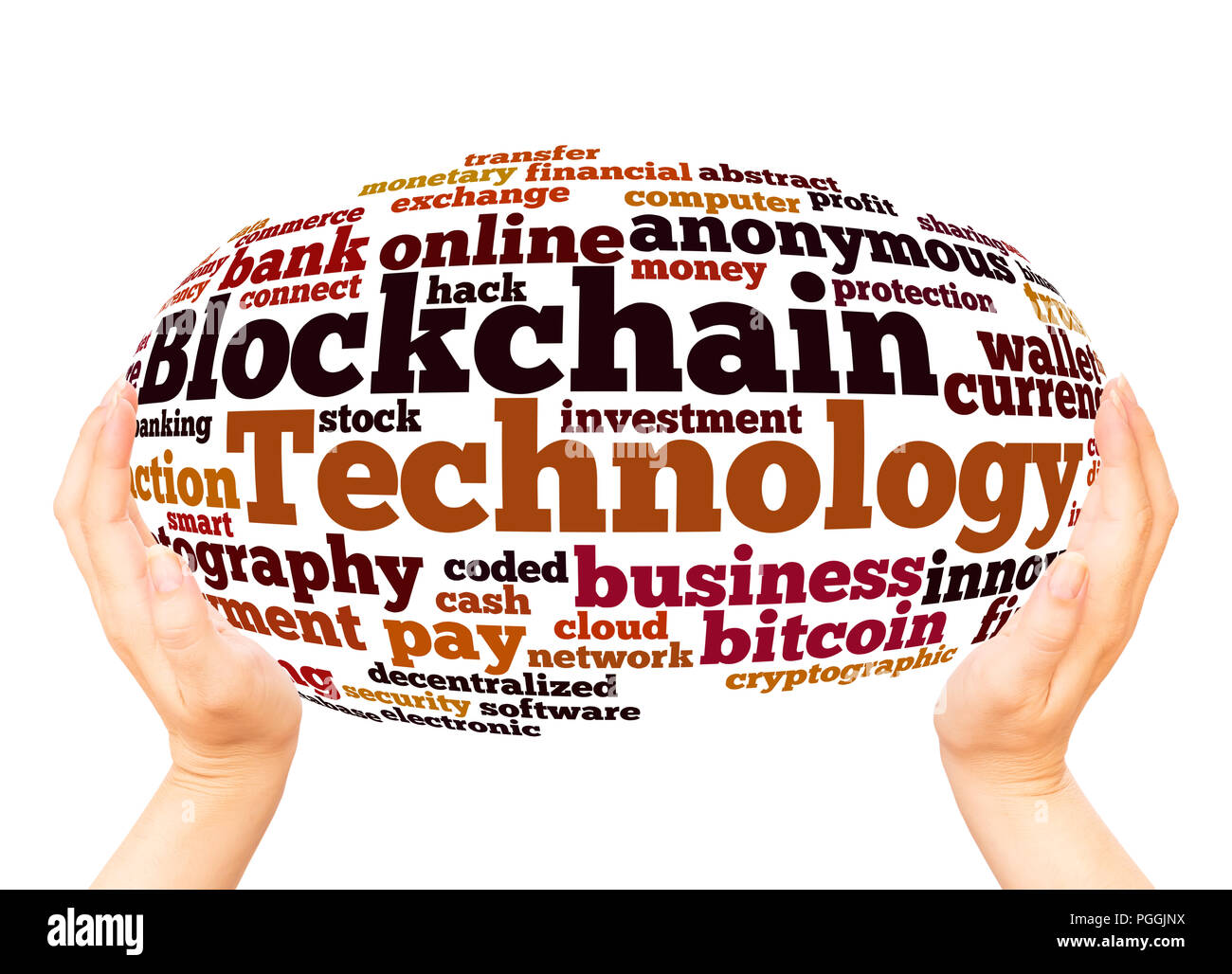 Blockchain technology, word cloud hand sphere concept on white ...