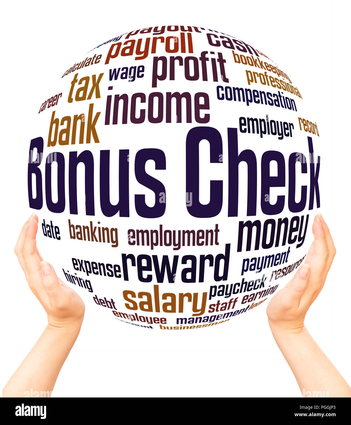 Bonus Check word cloud sphere concept on white background Stock Photo ...