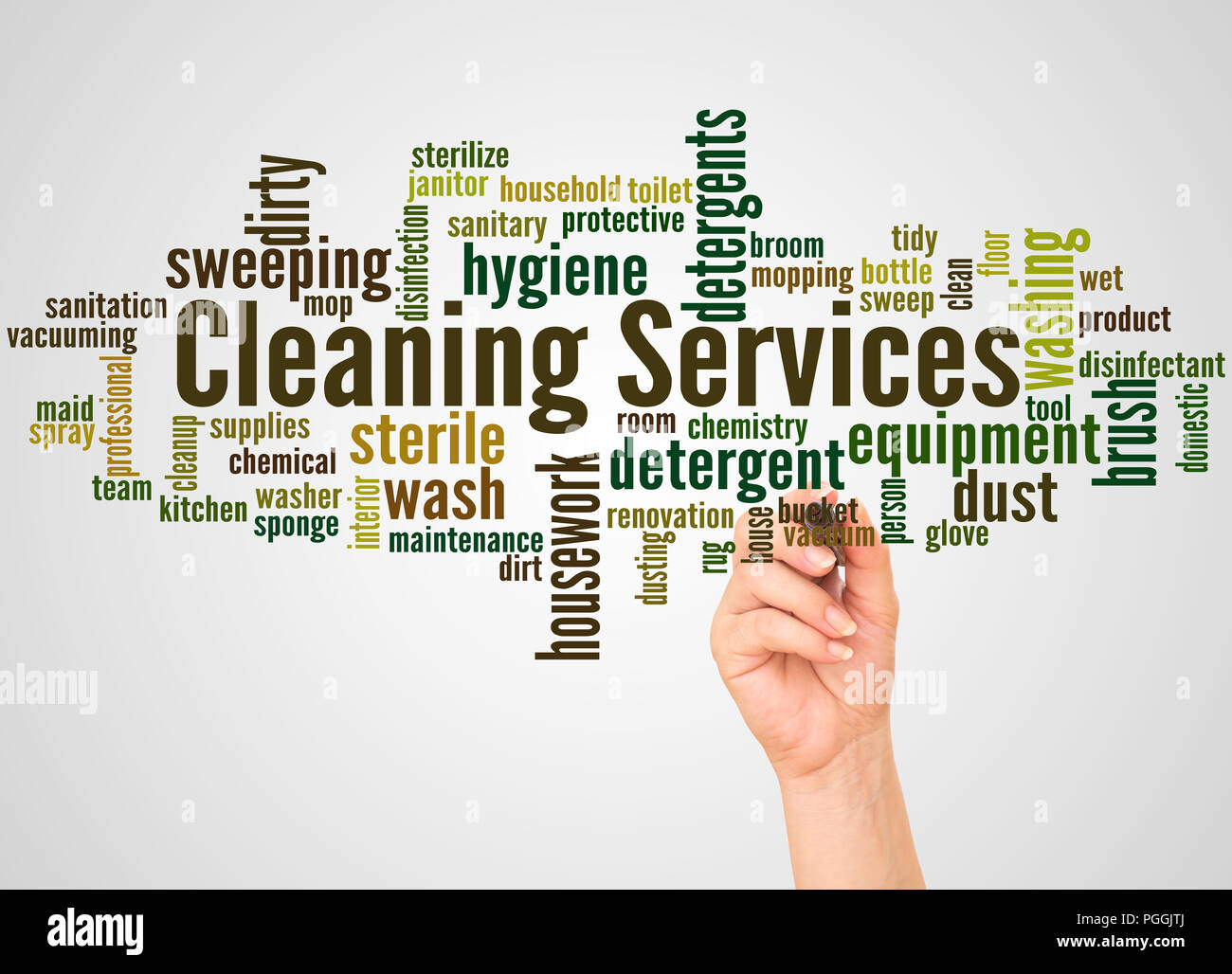 Cleaning Services word cloud and hand with marker concept on gradient ...