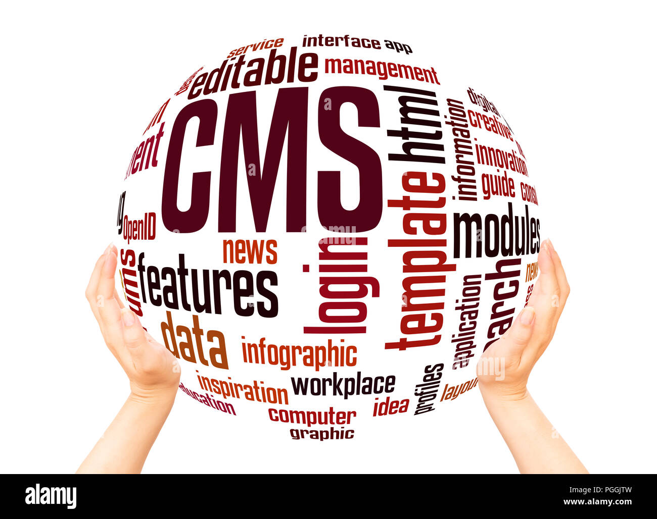 CMS (content management system) word cloud sphere concept on white ...