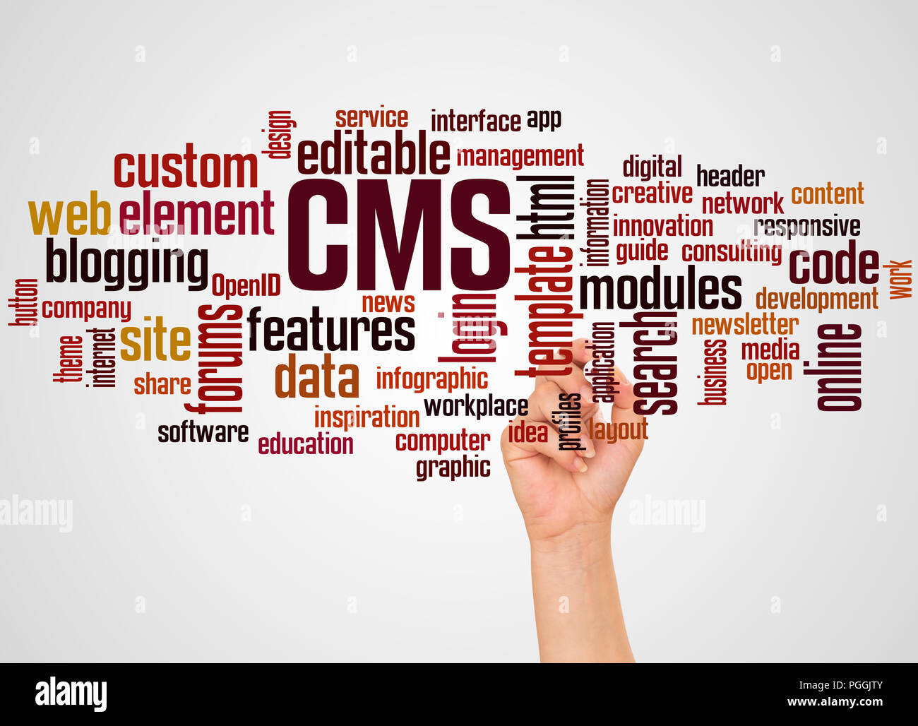 CMS (content management system) word cloud and hand with marker concept ...