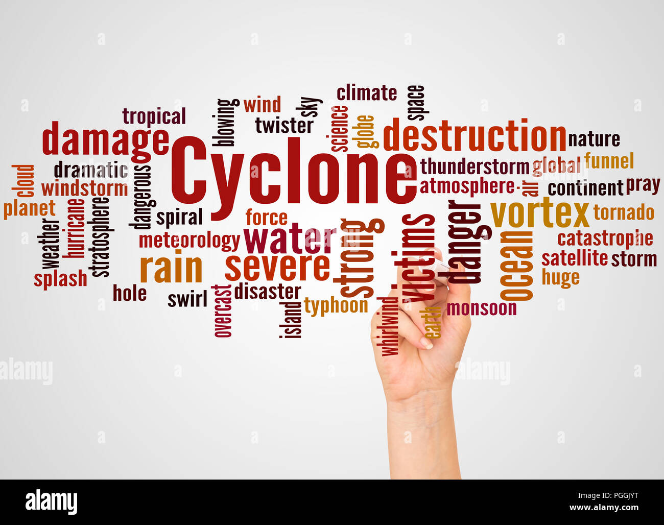 Cyclone, word cloud and hand with marker concept on white background ...