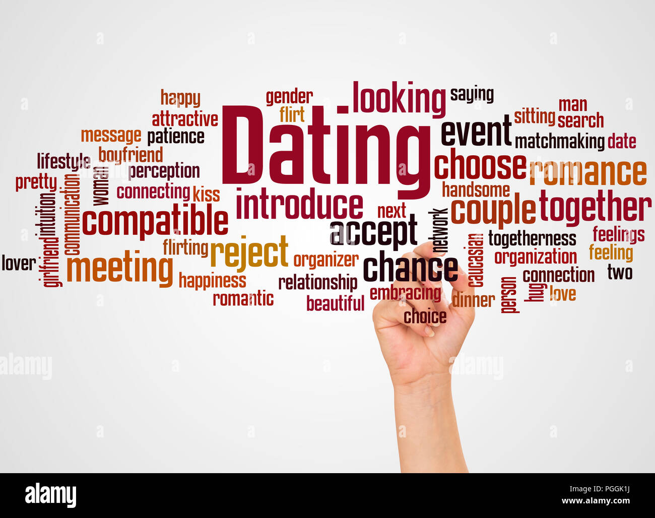 Dating word cloud and hand with marker concept on gradient background ...