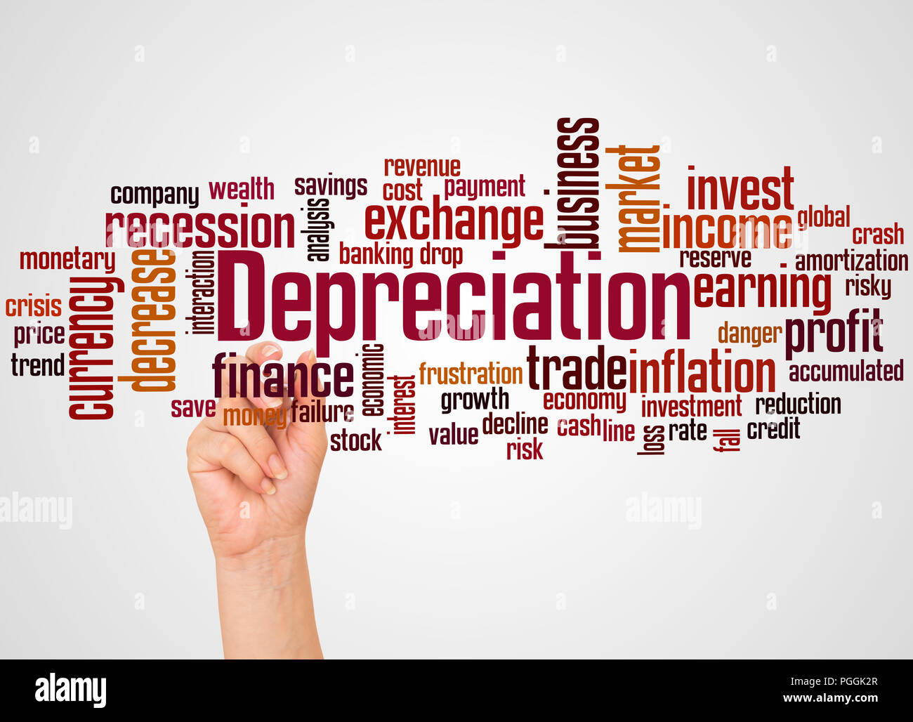 Depreciation word cloud concept and hand with marker on gradient ...