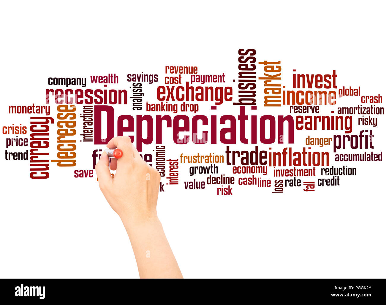 Depreciation word cloud concept and hand with marker on white ...