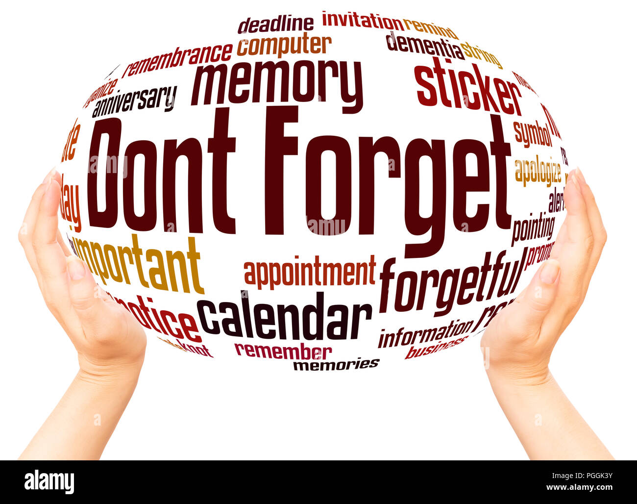 Dont forget word cloud hand sphere concept on white background Stock ...