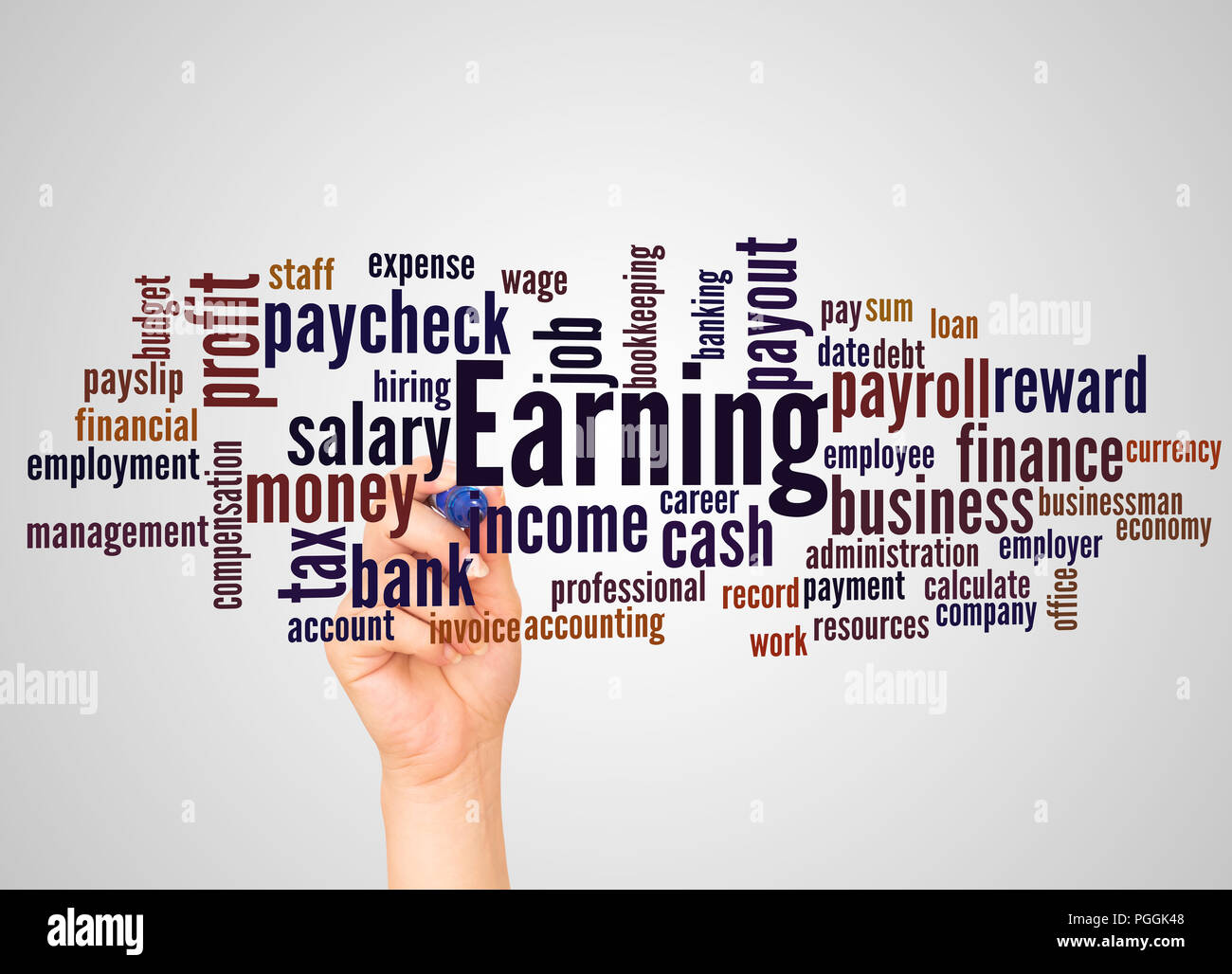 Earning word cloud and hand with marker concept on gradient background ...