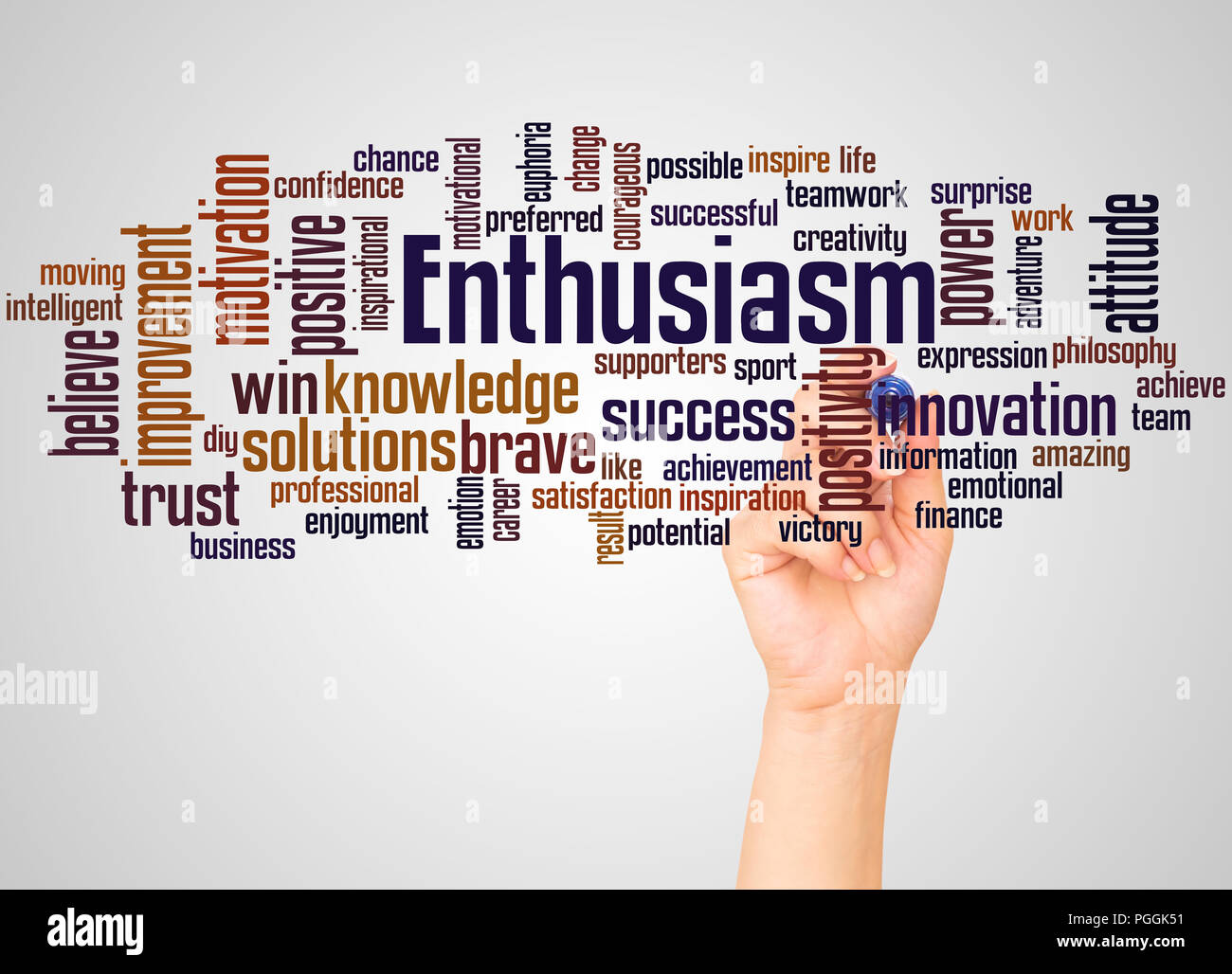 Enthusiasm word cloud and hand with marker concept on gradient ...