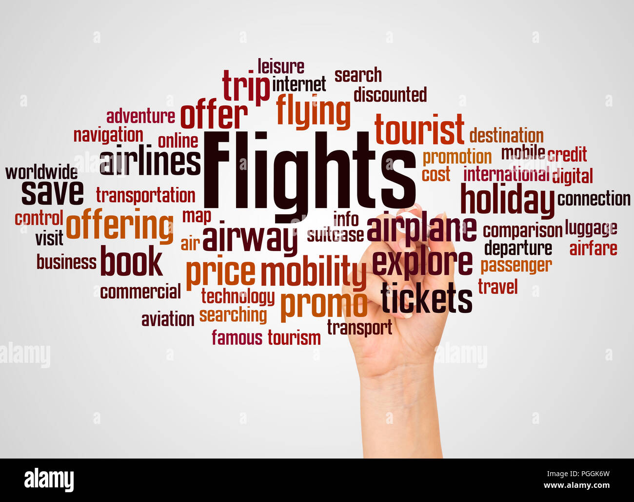 Flights word cloud and hand with marker concept on white background ...