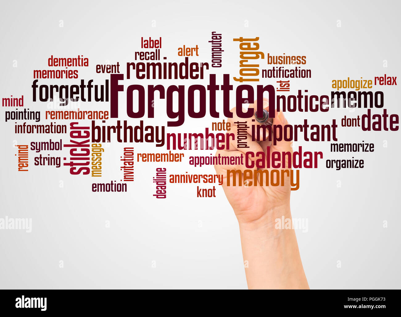 Forgotten word cloud and hand with marker concept on gradient ...