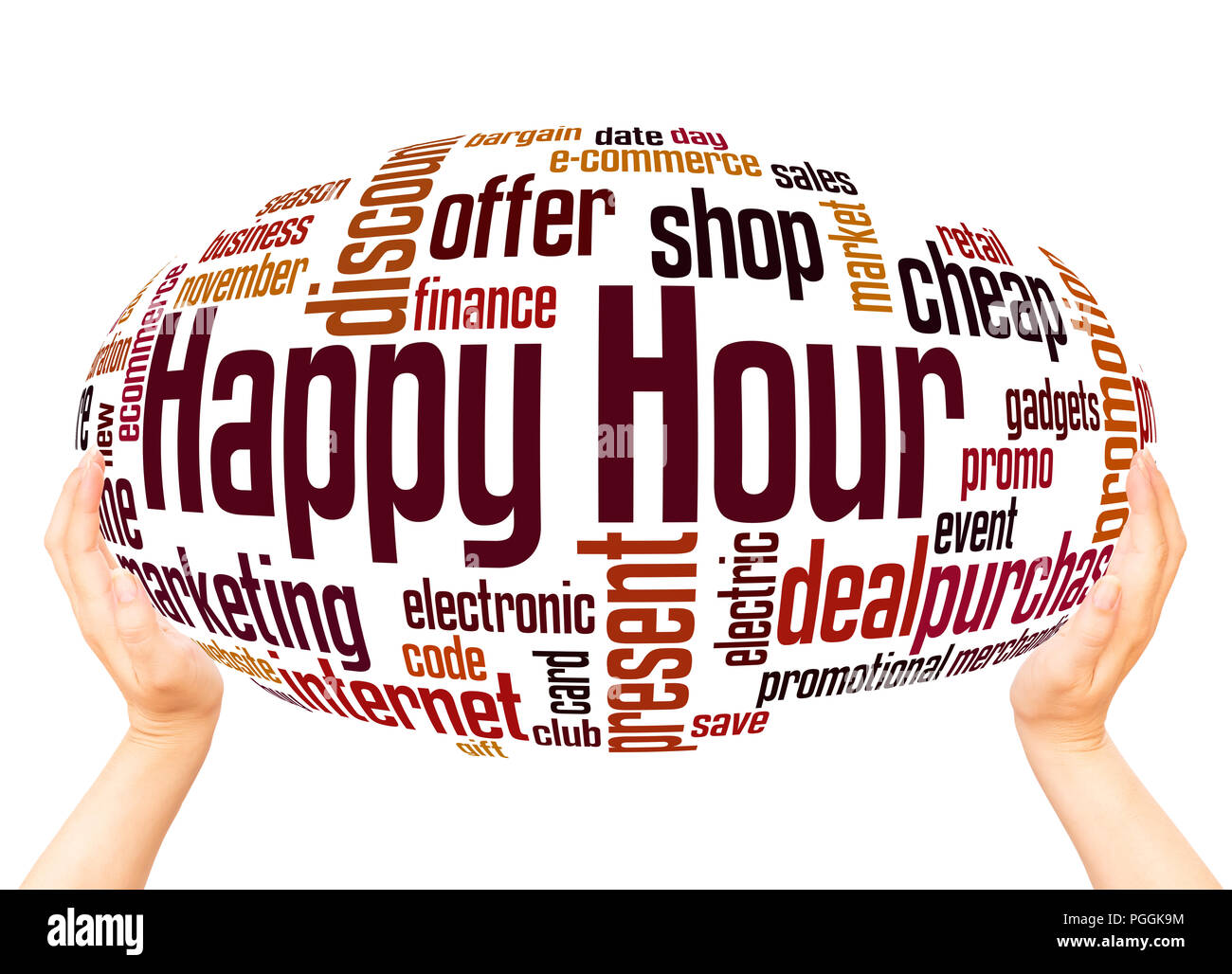 Happy Hour word cloud sphere concept on white background Stock Photo ...