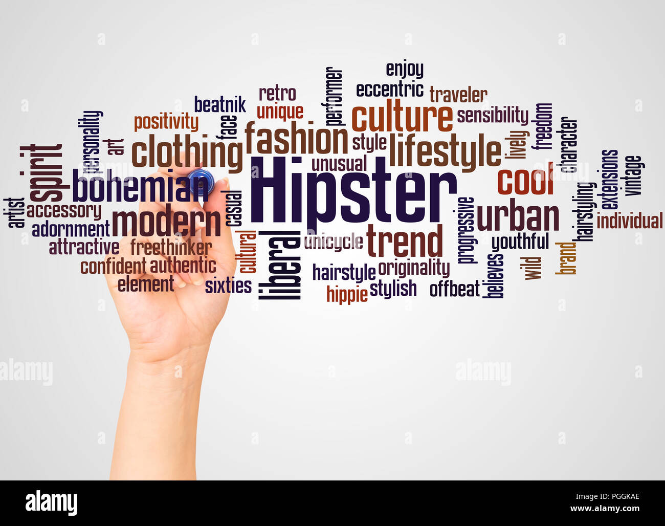 Hipster word cloud and hand with marker concept on gradient background ...