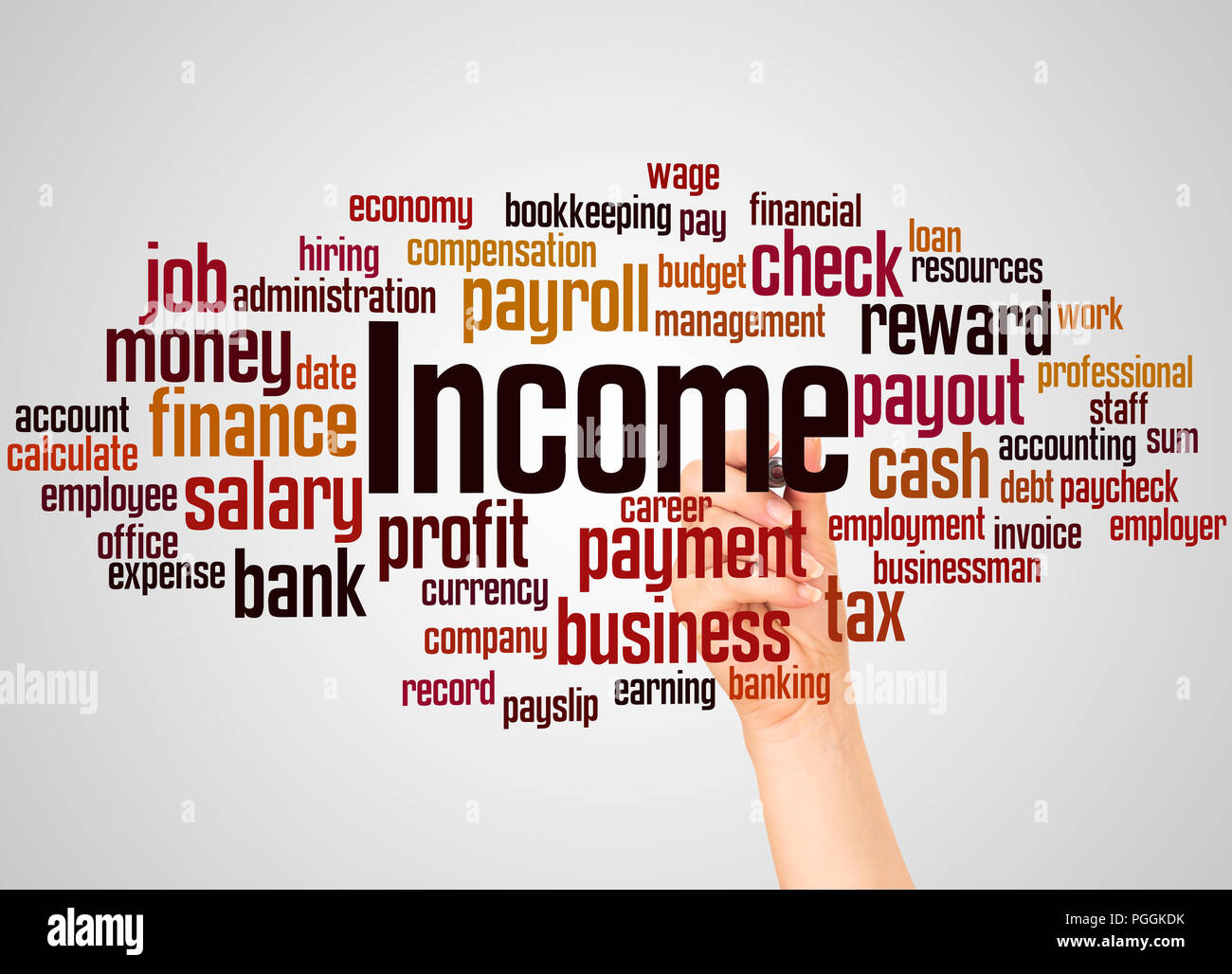 Income word cloud and hand with marker concept on gradient background ...