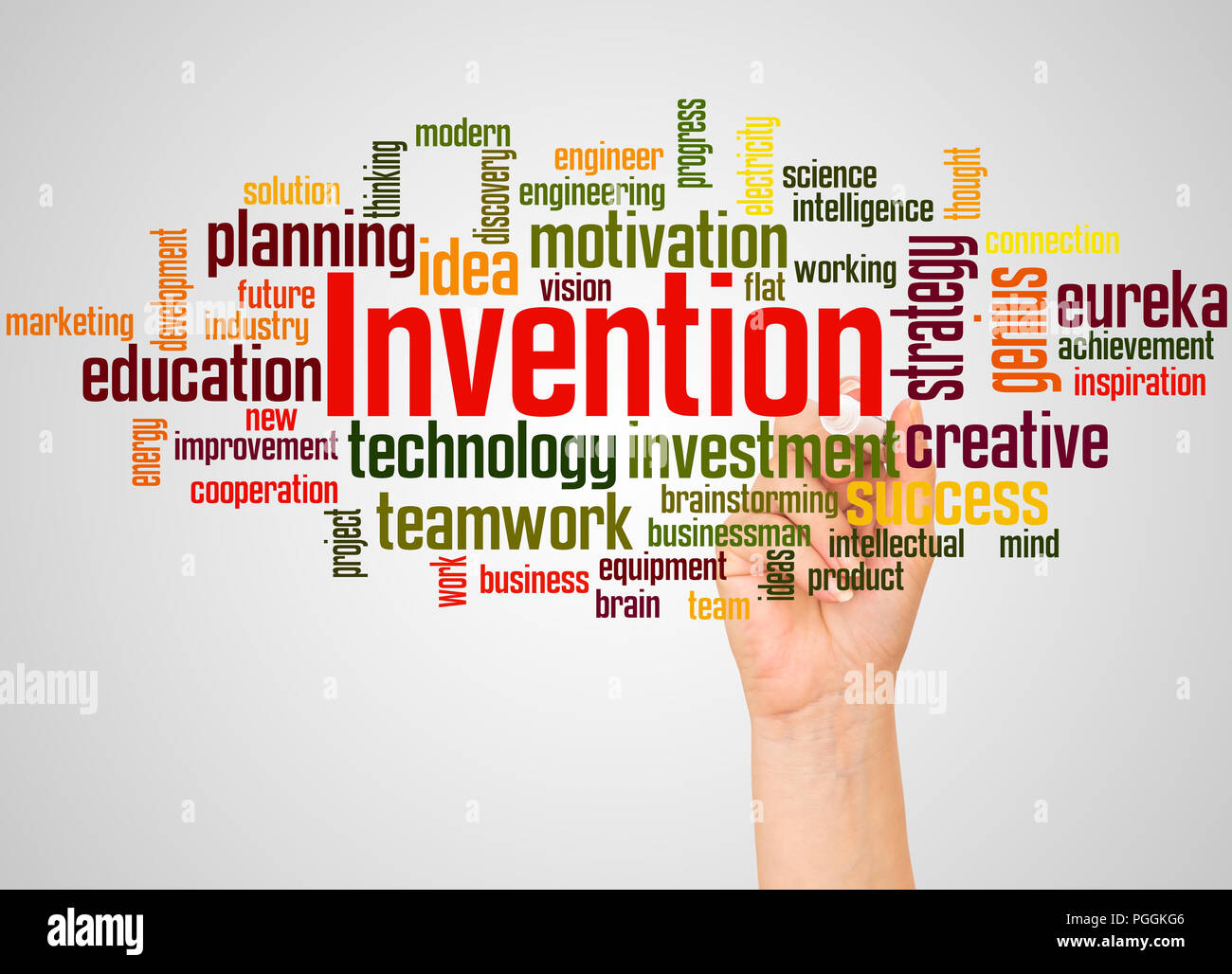 Invention word cloud and hand with marker concept on gradient ...