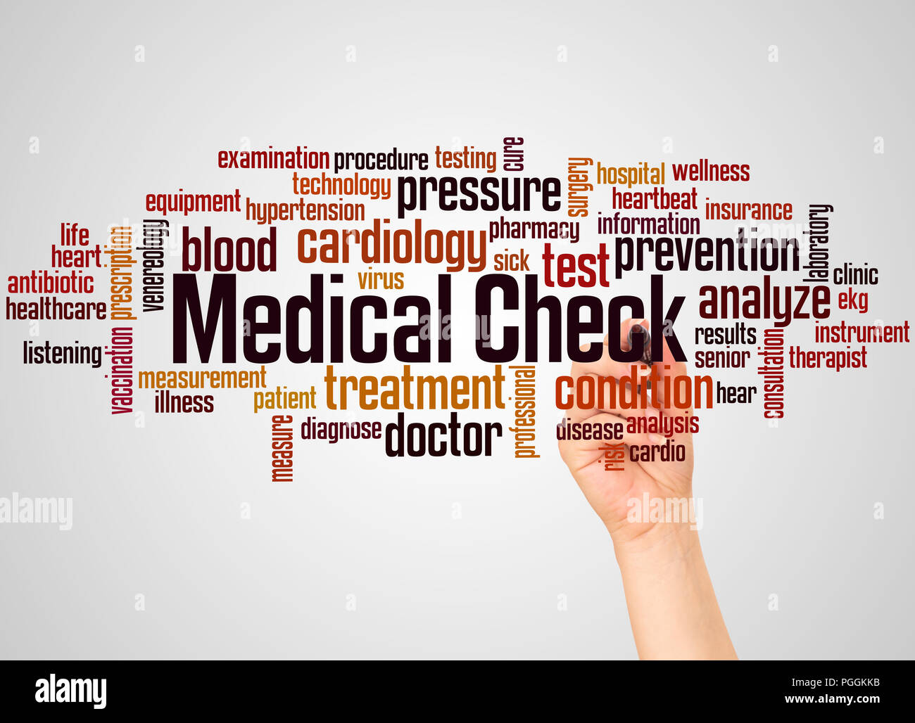 Medical check word cloud and hand with marker concept on gradient ...