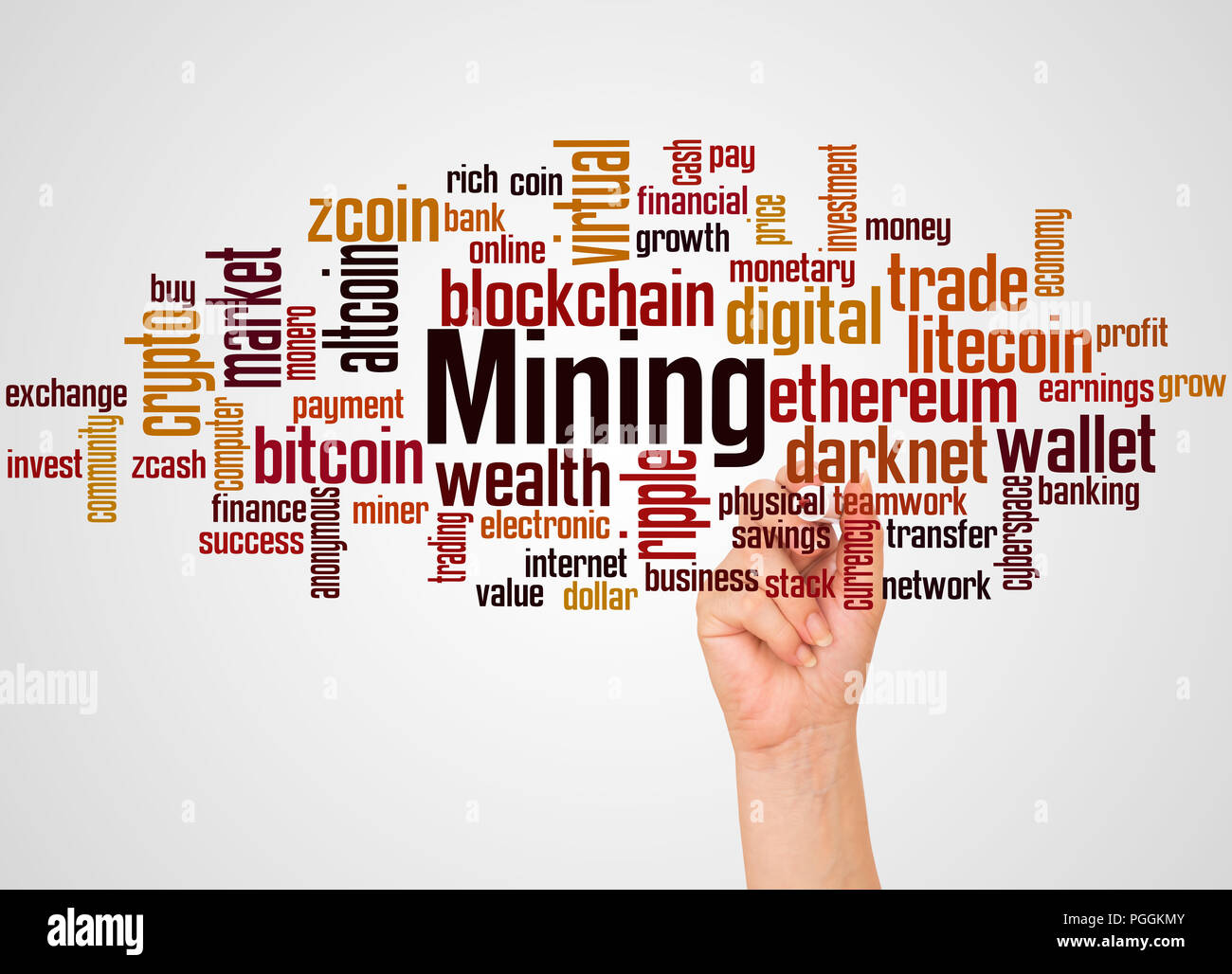 Mining word cloud and hand with marker concept on gradient background ...
