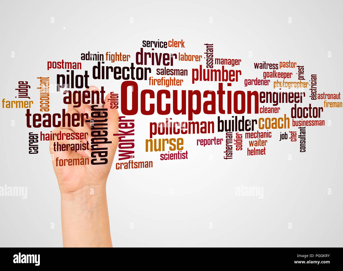 Occupation word cloud and hand with marker concept on white background ...
