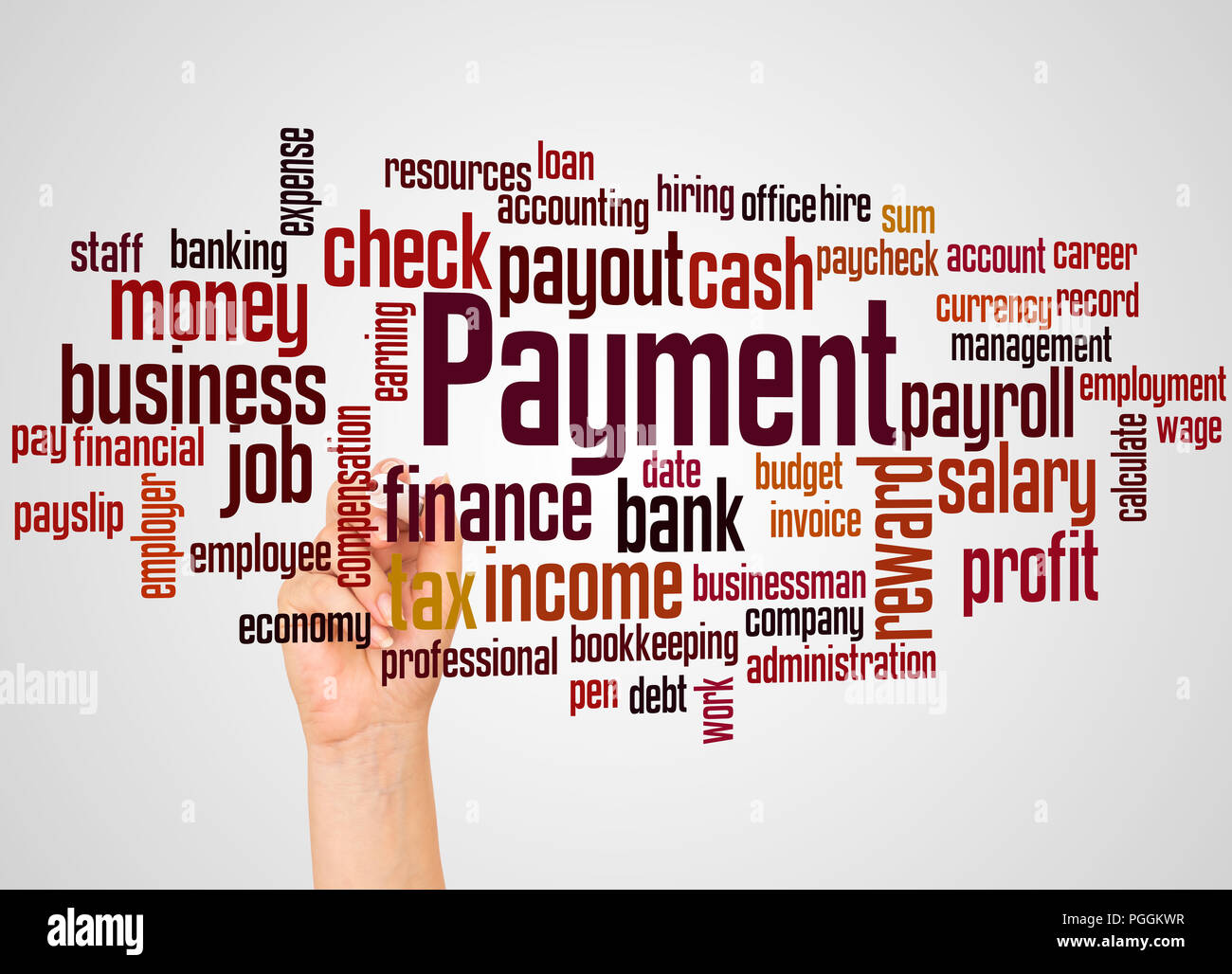 Payment word cloud and hand with marker concept on gradient background ...