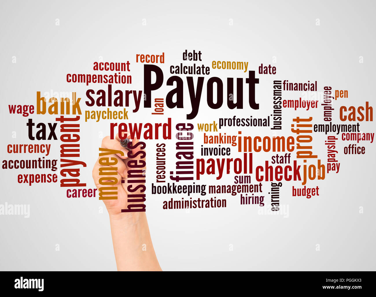 Payout word cloud and hand with marker concept on gradient background ...