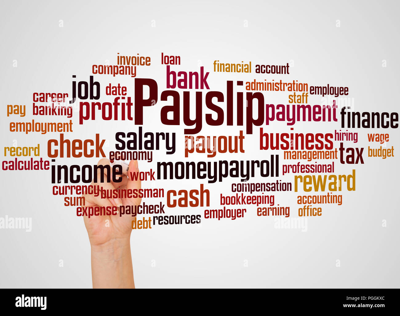Payslip word cloud and hand with marker concept on gradient background ...